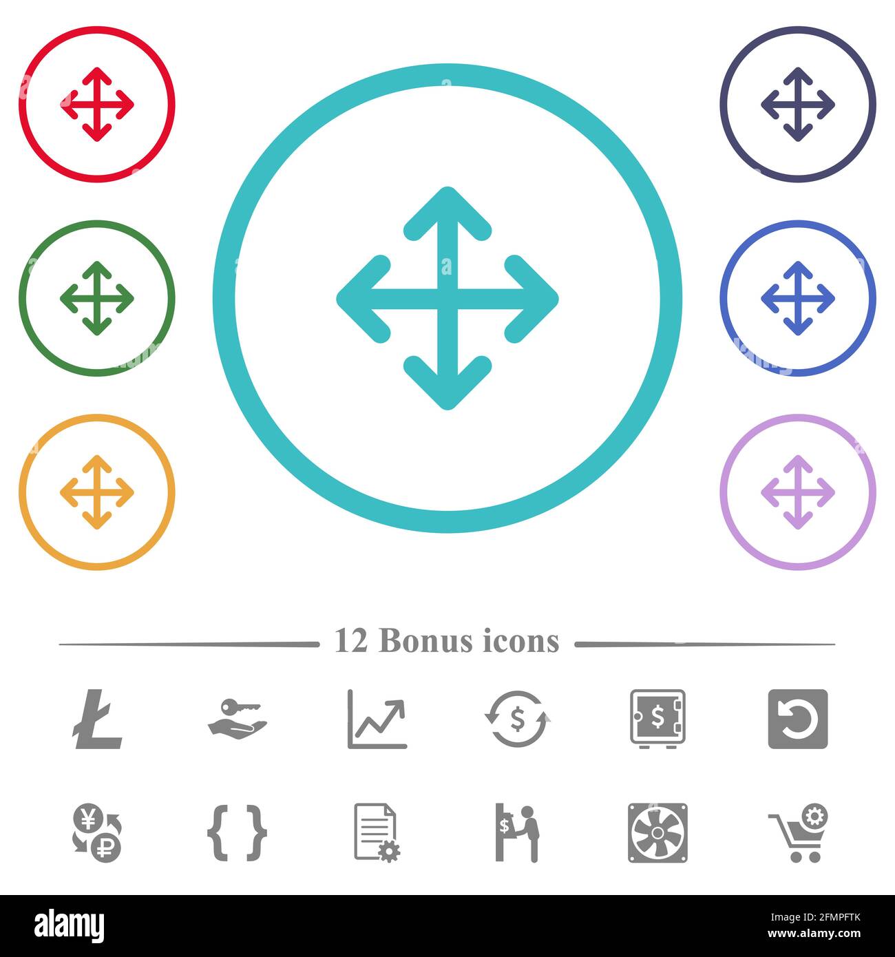 Move arrows flat color icons in circle shape outlines. 12 bonus icons ...
