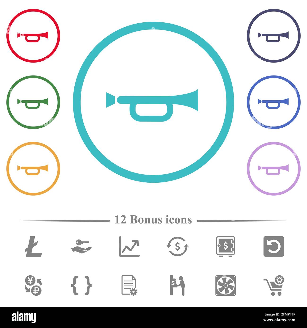 Horn flat color icons in circle shape outlines. 12 bonus icons included ...