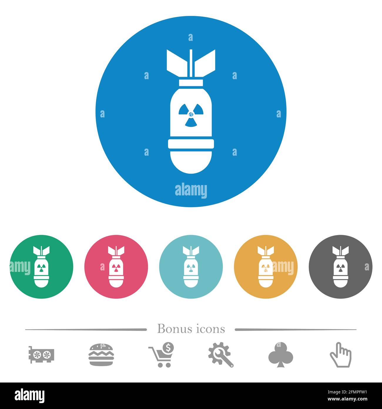 Atomic bomb flat white icons on round color backgrounds. 6 bonus icons ...