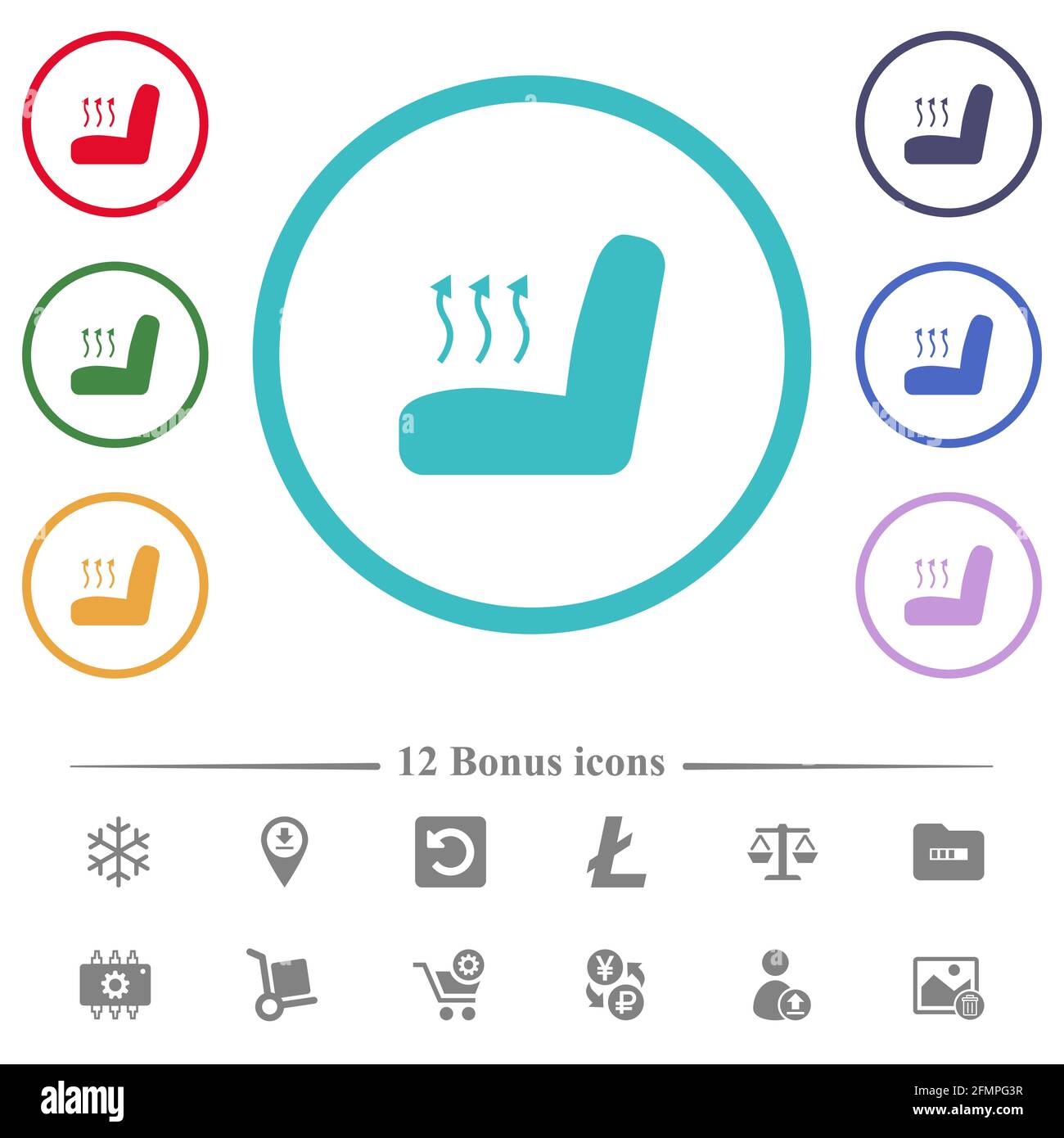 Car seat heating flat color icons in circle shape outlines. 12 bonus ...