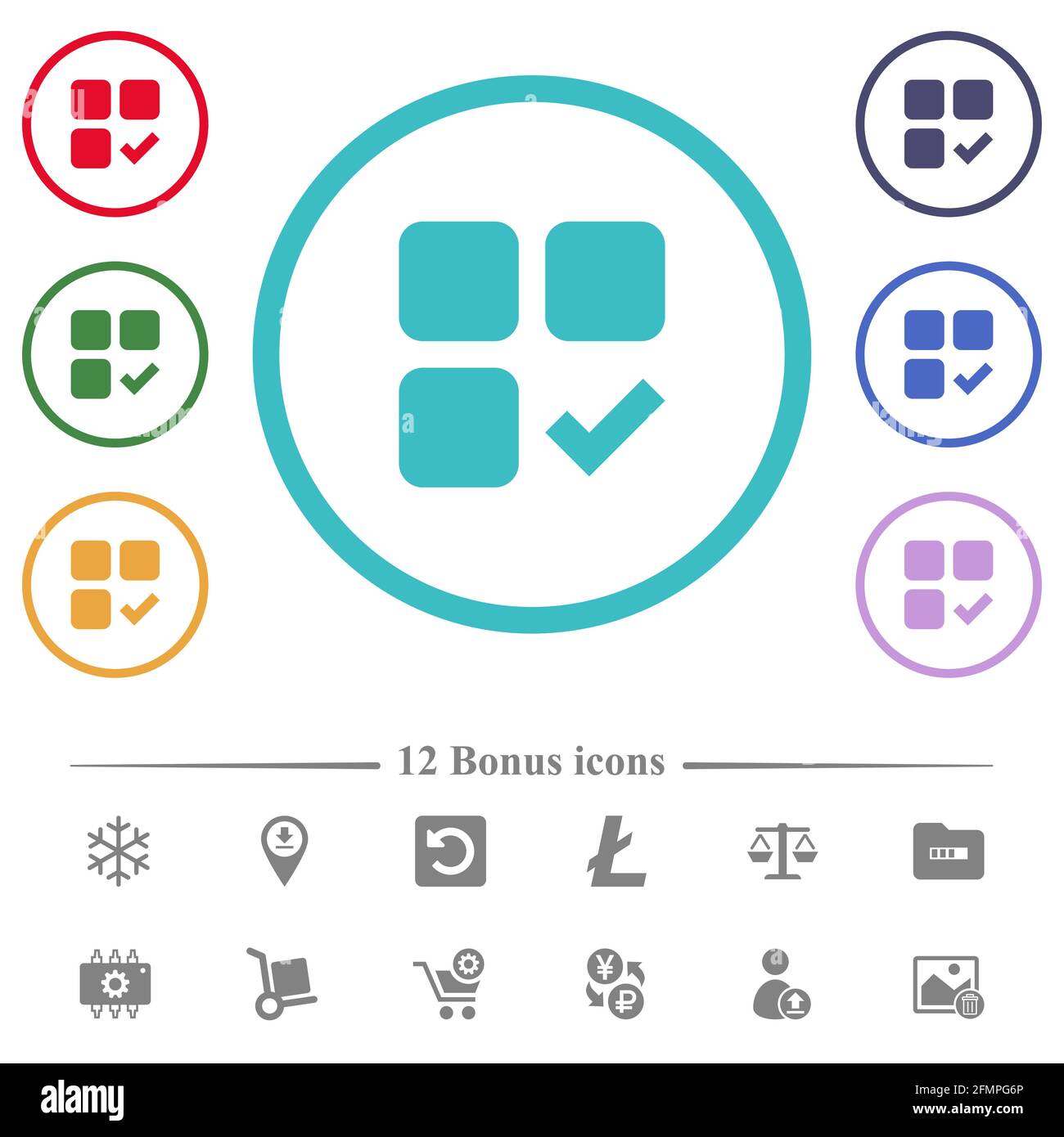 Component ok flat color icons in circle shape outlines. 12 bonus icons ...