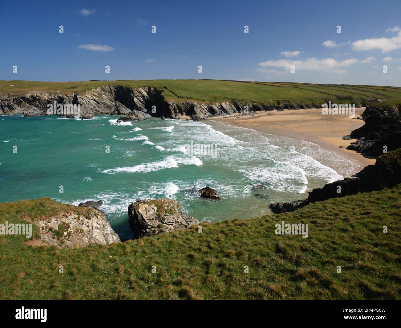 Porth or Polly Joke beach and West Pentire Head, Newquay, Cornwall ...