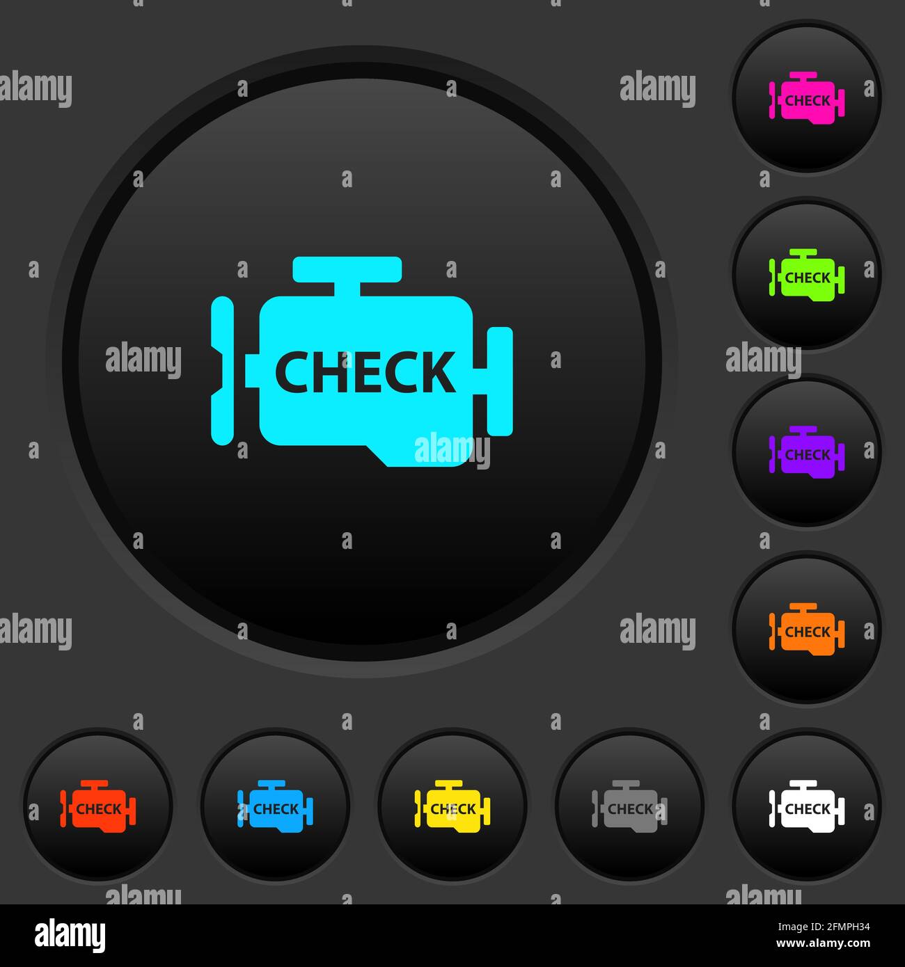 Check engine dark push buttons with vivid color icons on dark grey ...