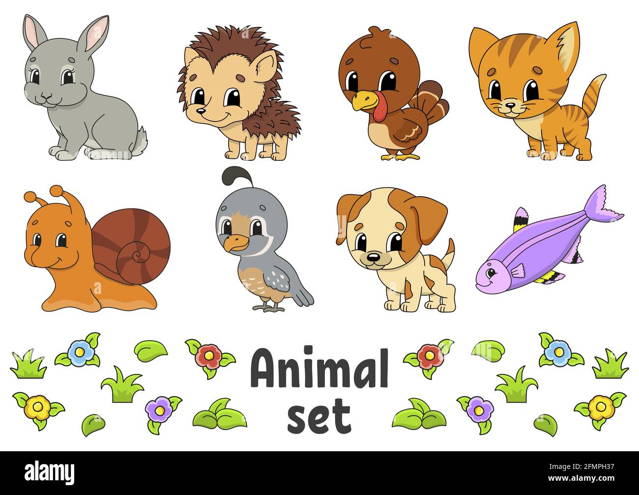 Set of stickers with cute cartoon characters. Animal clipart. Hand ...