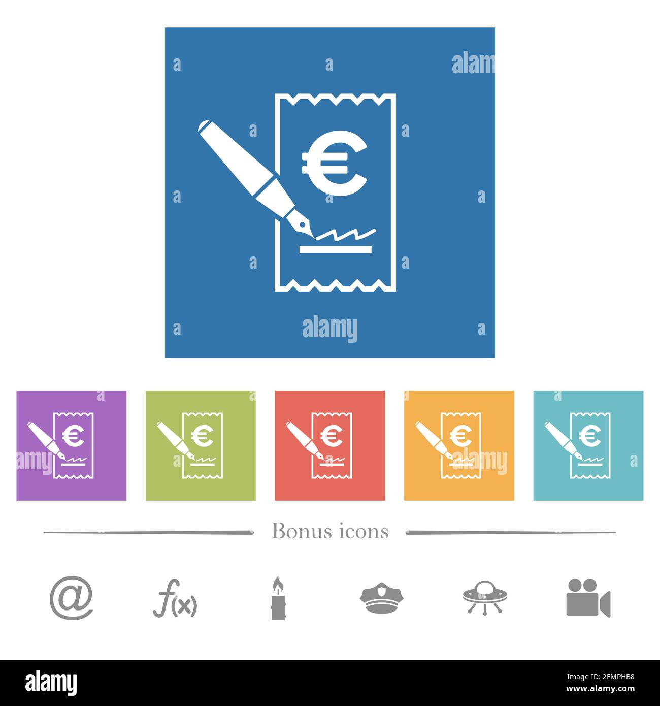 Signing Euro cheque flat white icons in square backgrounds. 6 bonus ...