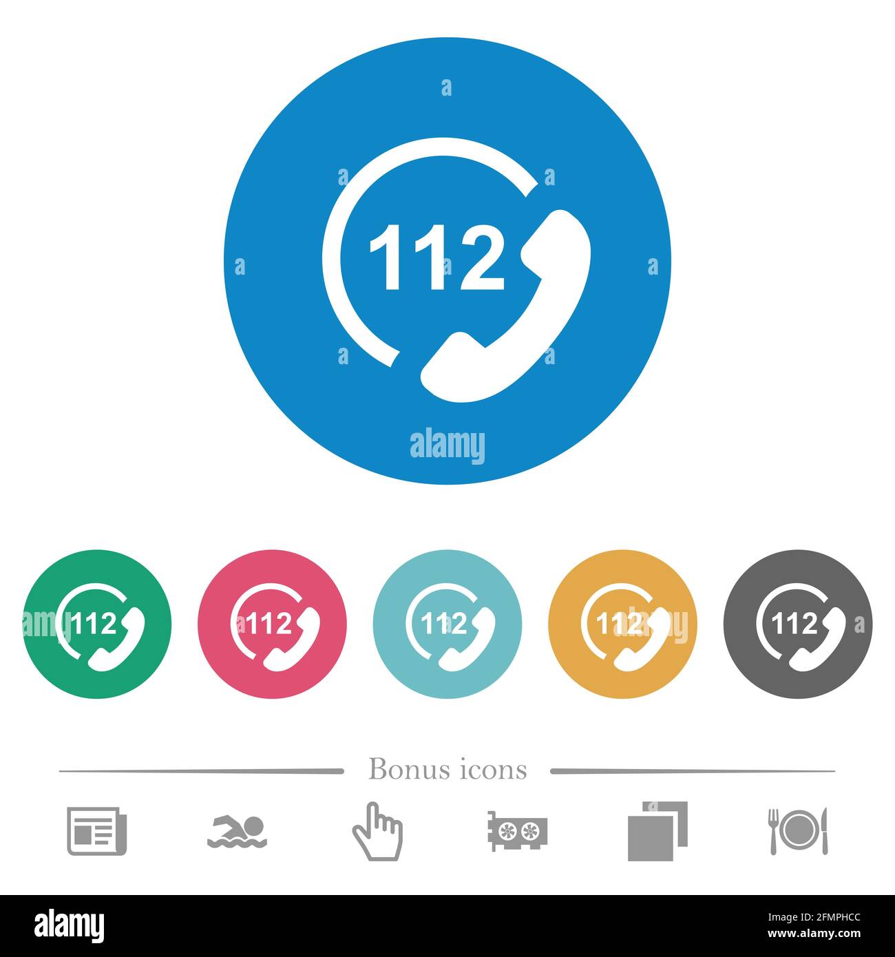 Emergency call 112 flat white icons on round color backgrounds. 6 bonus ...
