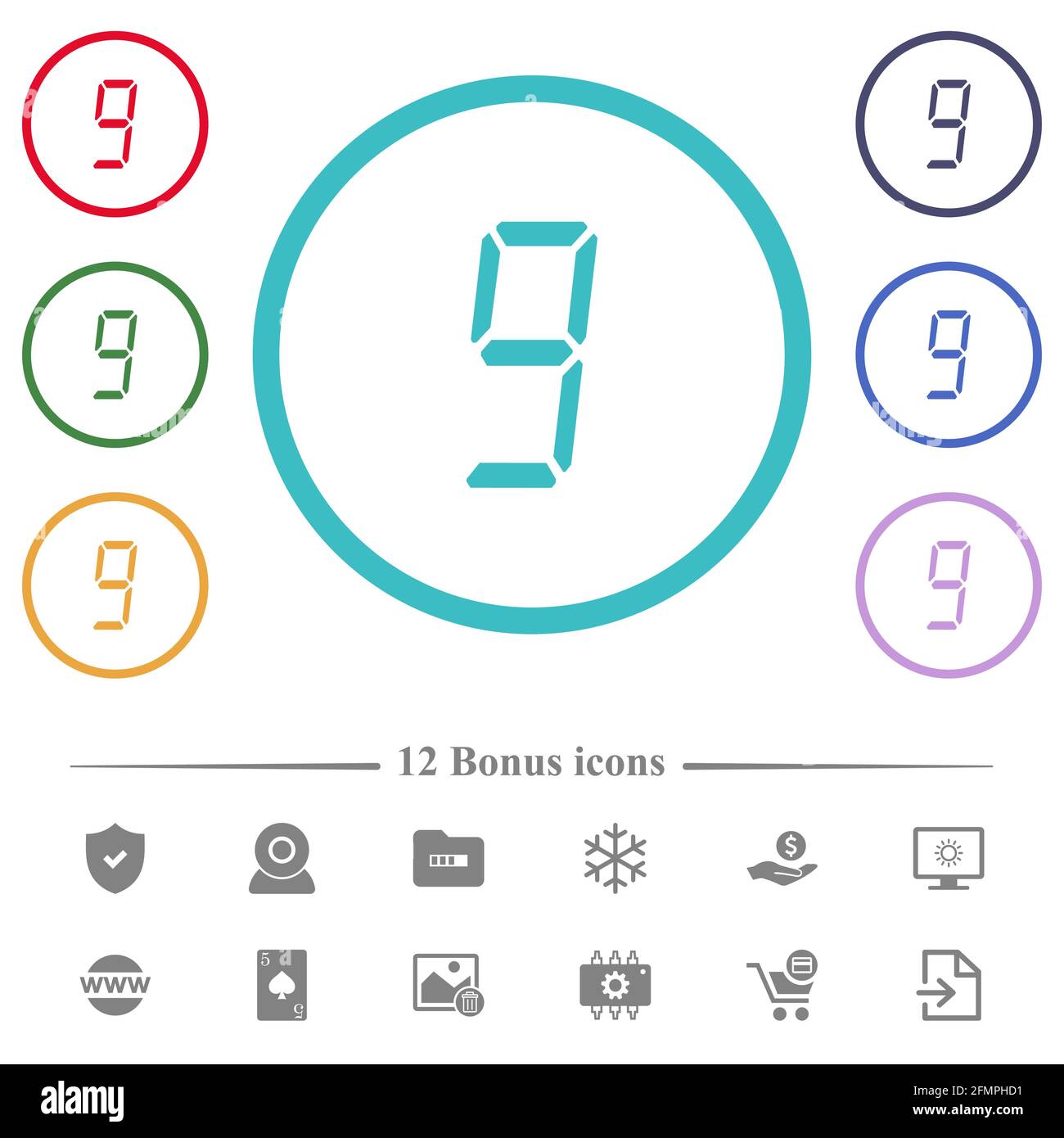 digital number nine of seven segment type flat color icons in circle ...