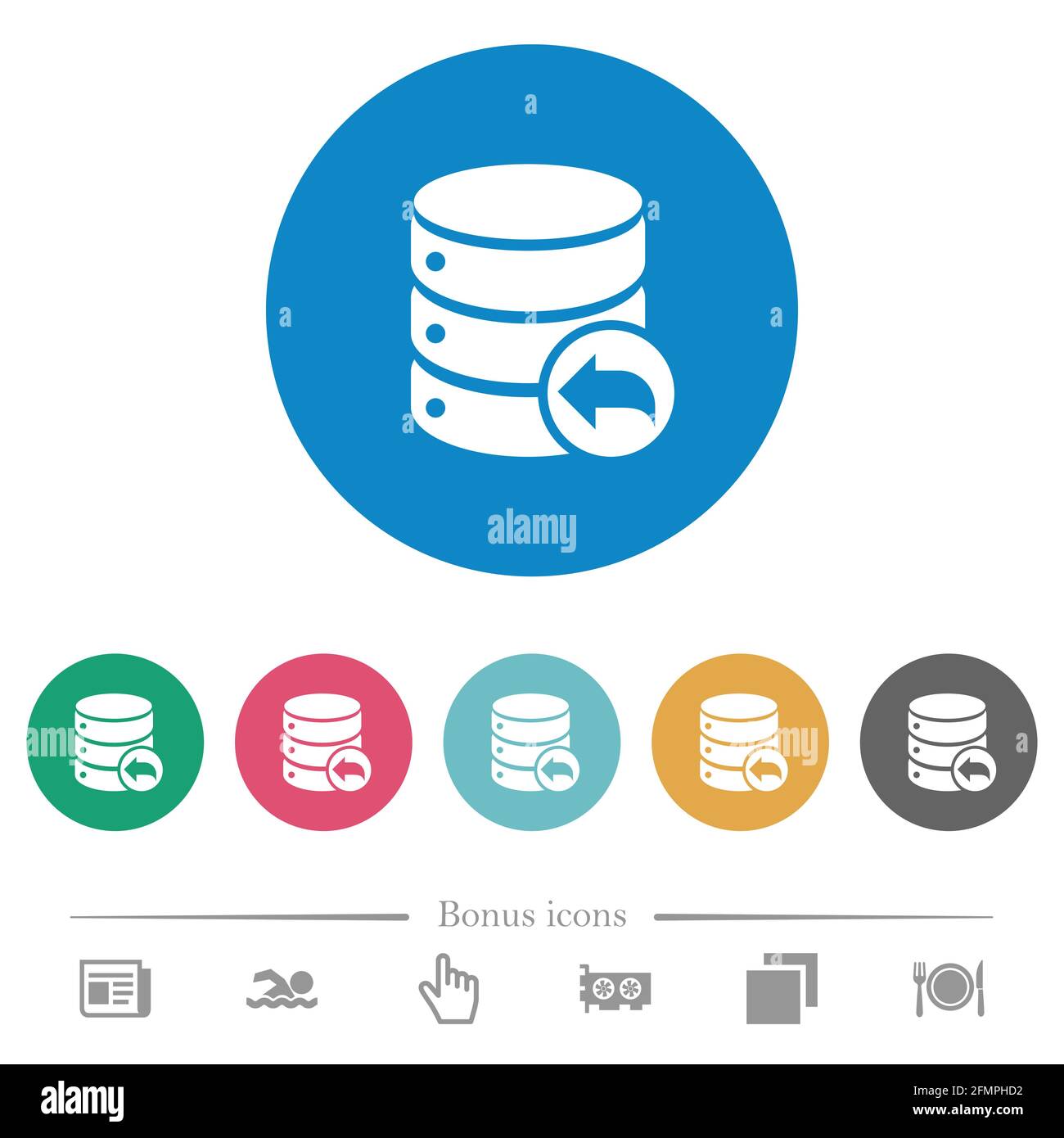 Database transaction rollback flat white icons on round color ...