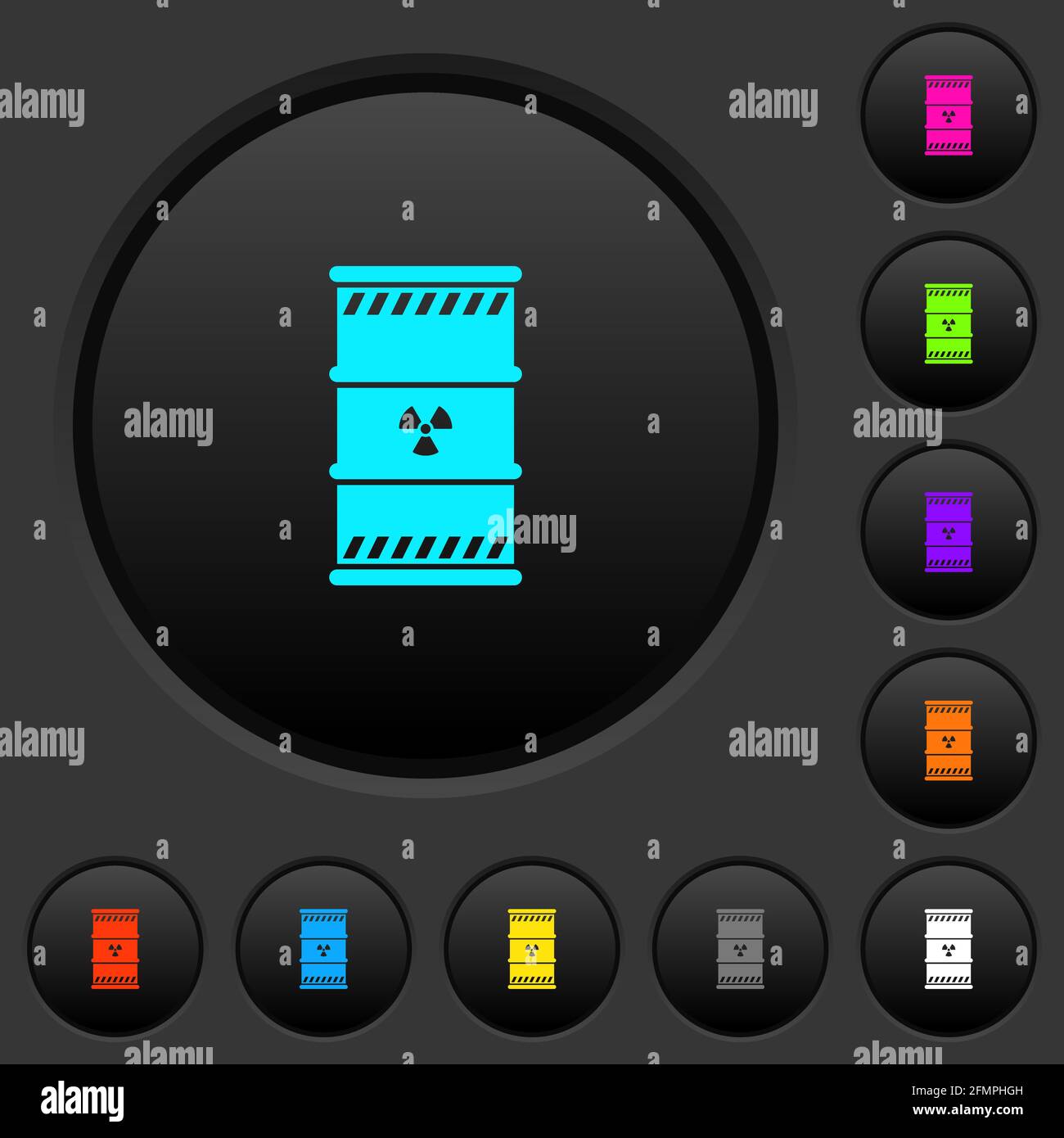 Radioactive waste dark push buttons with vivid color icons on dark grey ...