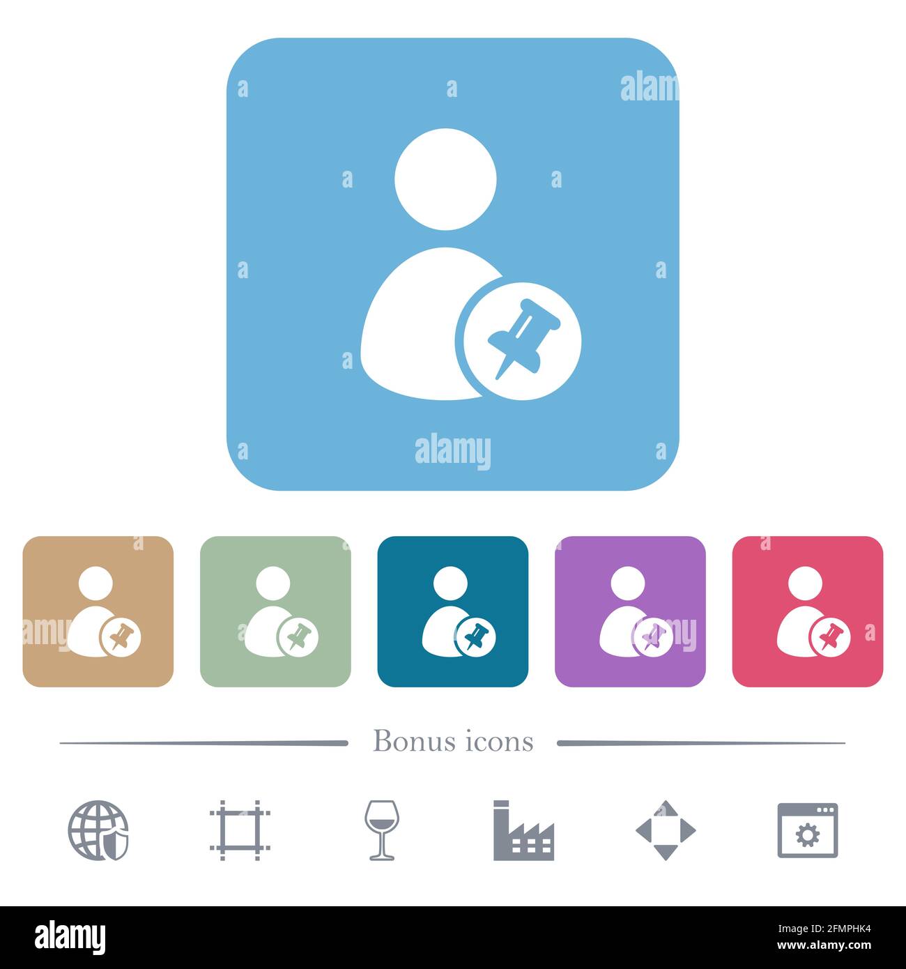 Pin user account white flat icons on color rounded square backgrounds ...