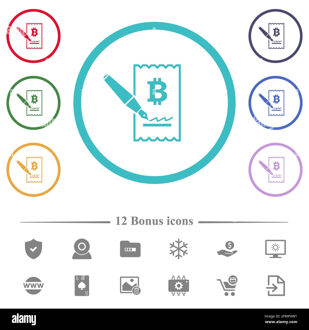 Signing Bitcoin cheque flat color icons in circle shape outlines. 12 ...