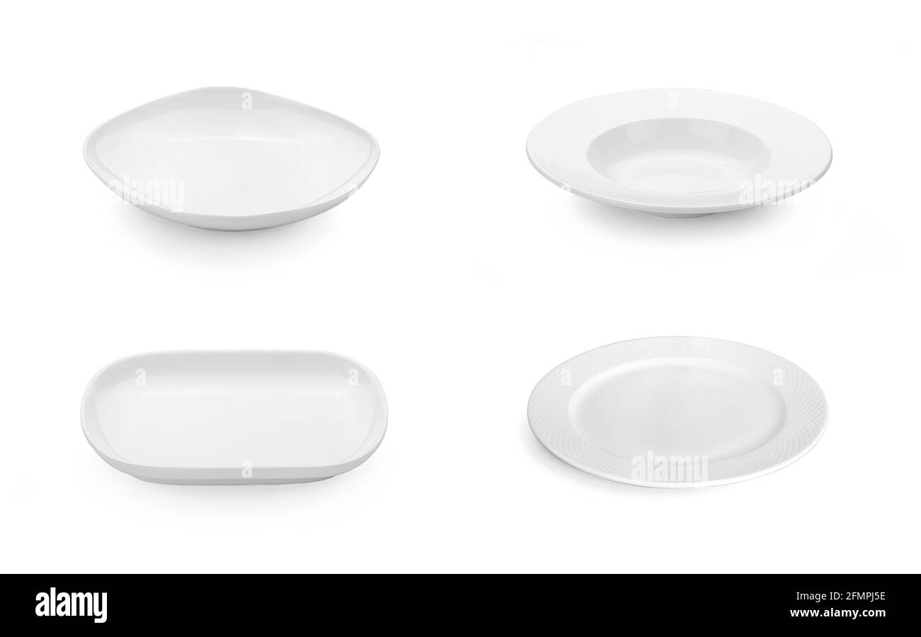 collection of ceramic white plate on white background Stock Photo - Alamy