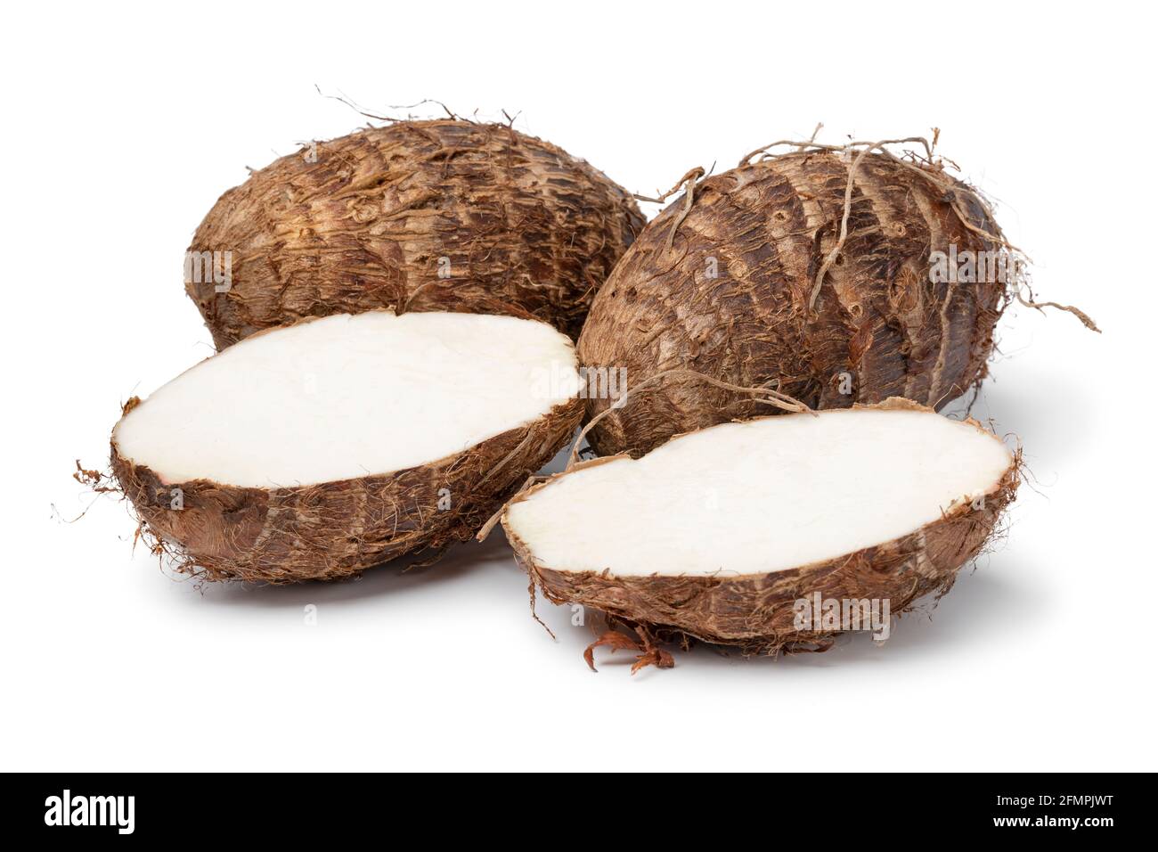 Fresh whole and halved taro vegetable close up isolated on white ...