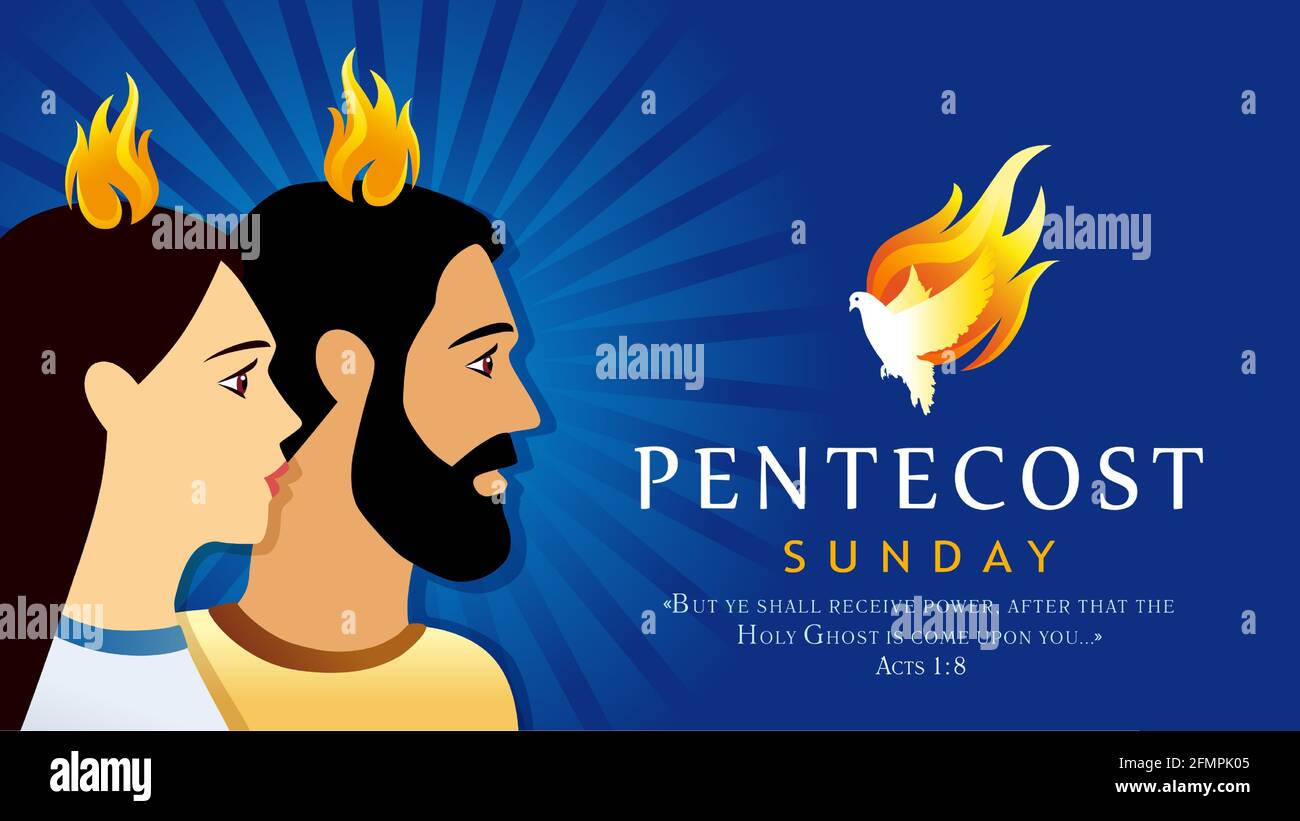 Pentecost Sunday man and women with Holy Spirit dove. Invitation vector banner template from ...