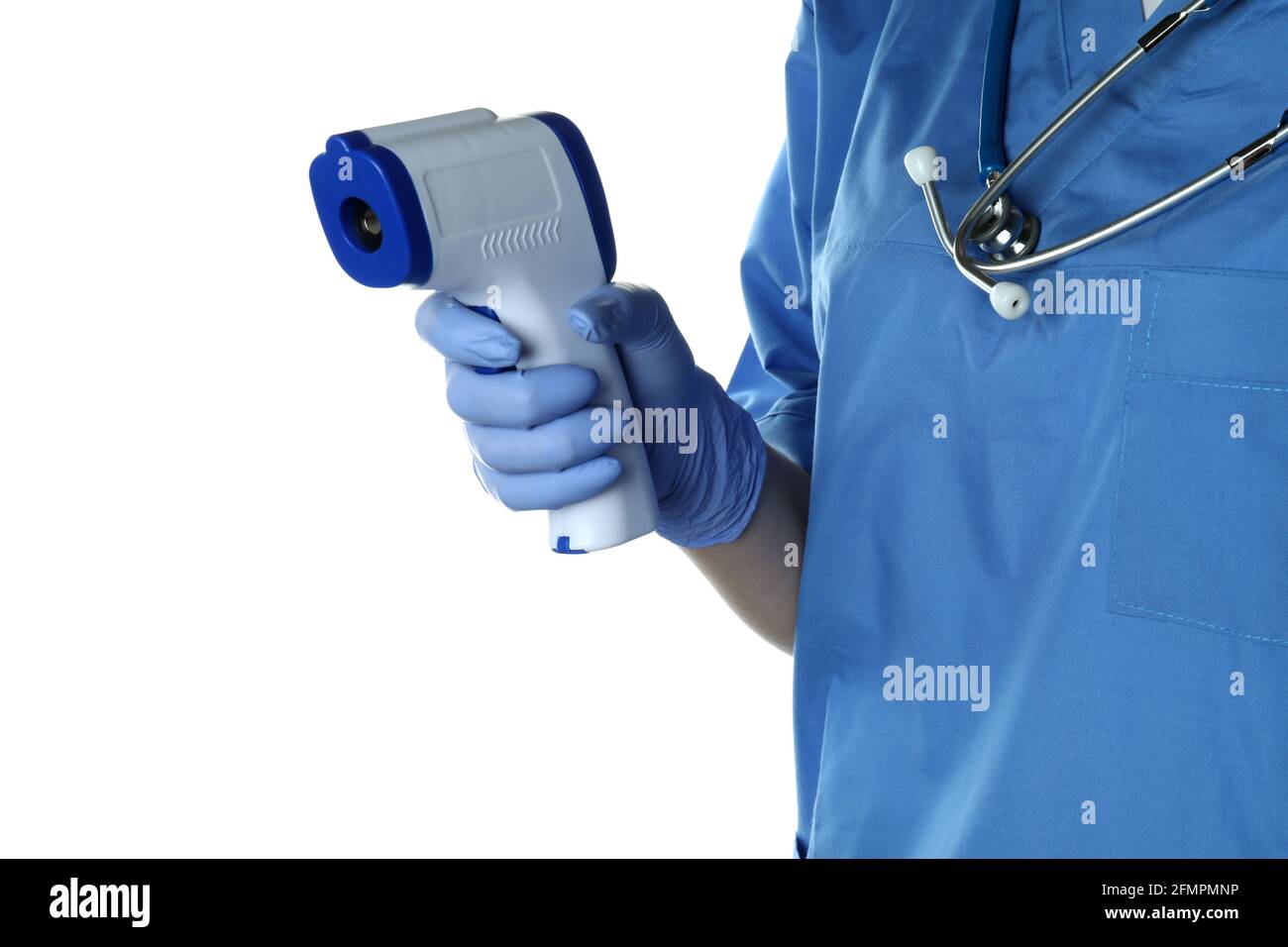 Doctor holds thermometer gun, isolated on white background Stock Photo ...