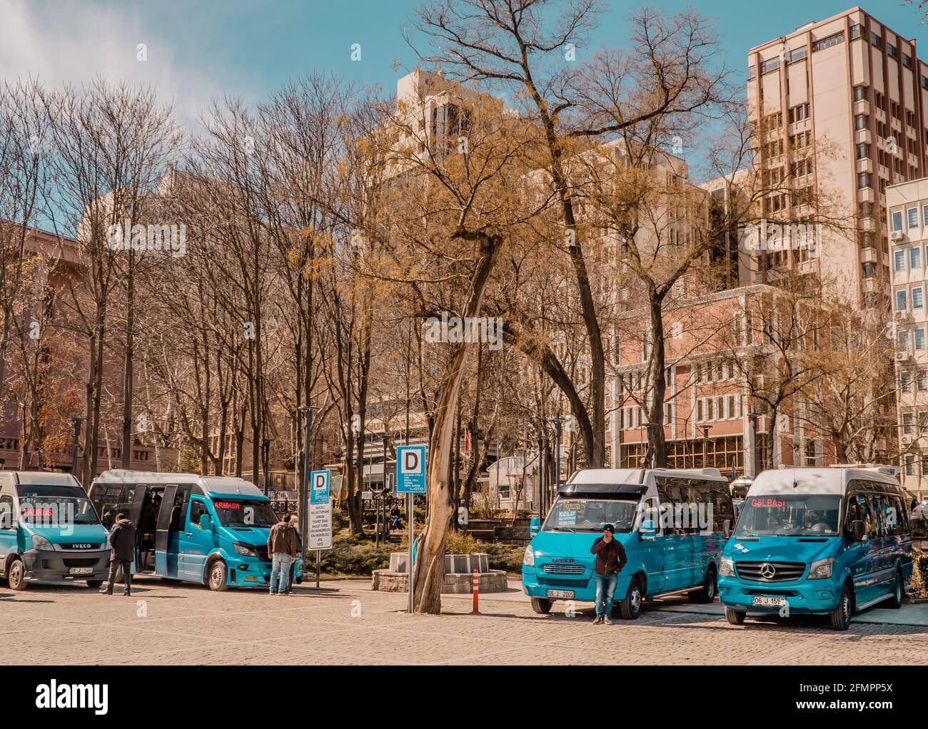 A bus station with blue Mercedes minibuses in Ankara, Turkey Stock ...