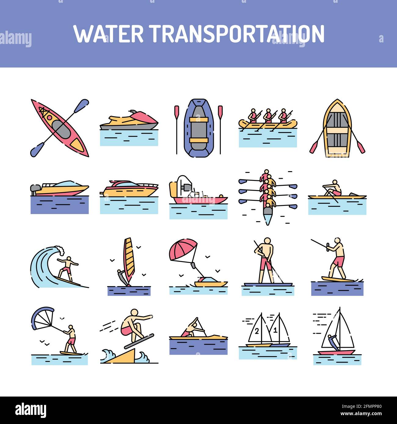 Water transportation line icons set. Isolated vector element. Outline pictograms for web page ...