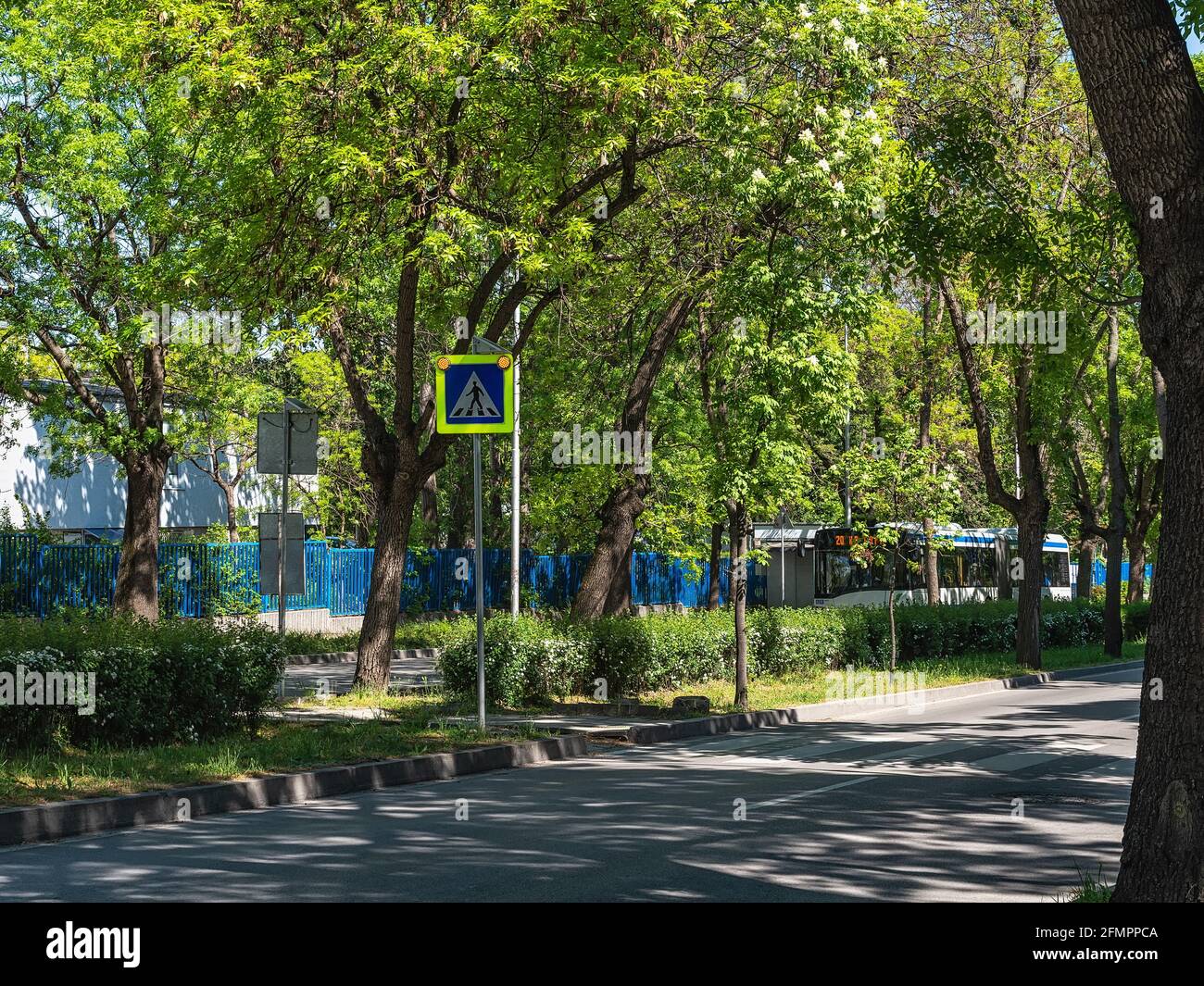 Solar powered pedestrian crosswalk sign on a green city street ...