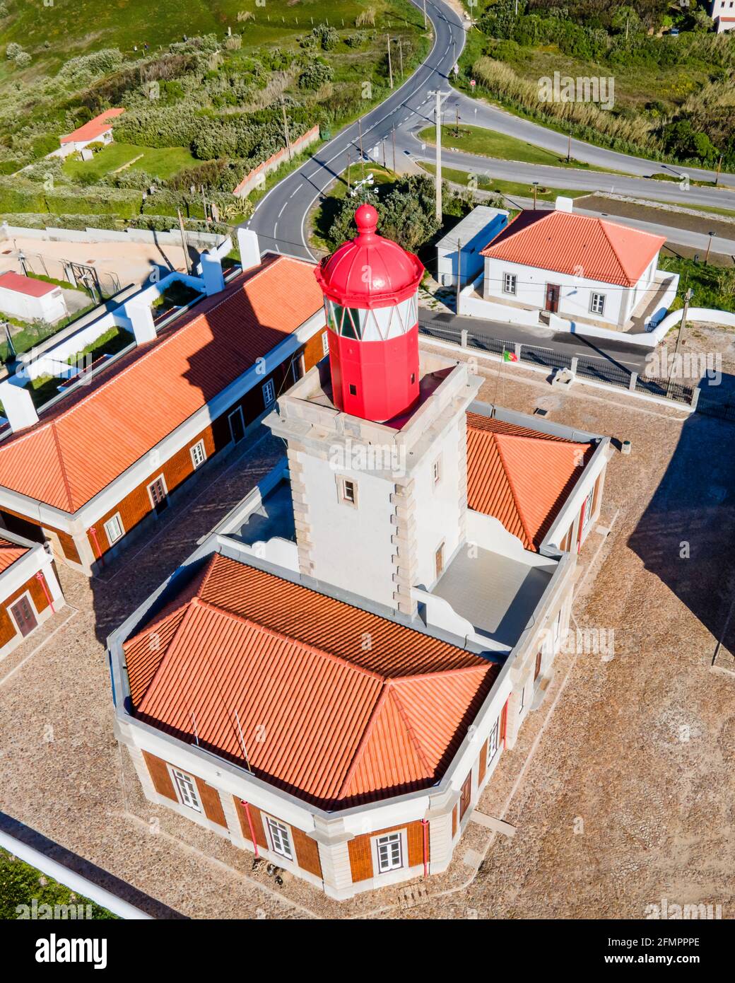 Aerial view of Cabo da Roca lighthouse, a natural coastline with a ...