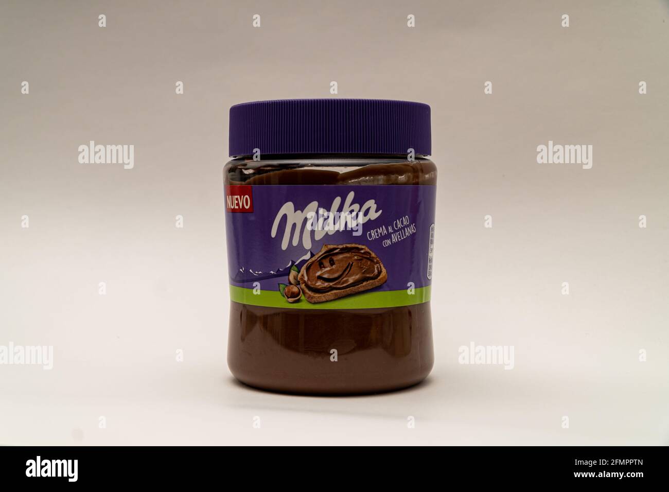 MADRID, SPAIN - May 09, 2021: A jar of Milka brand cocoa cream with ...