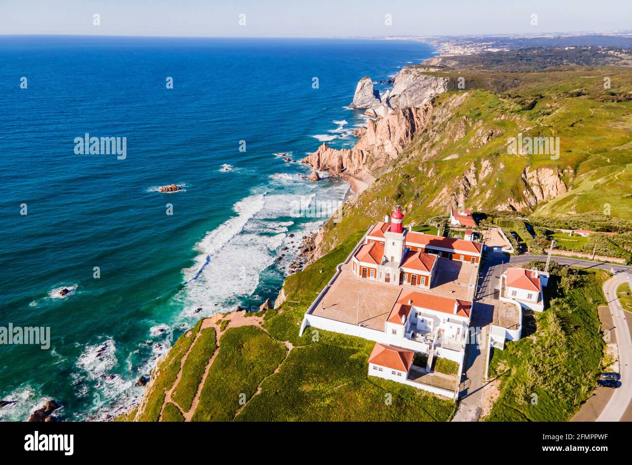 Aerial view of Cabo da Roca lighthouse, a natural coastline with a ...