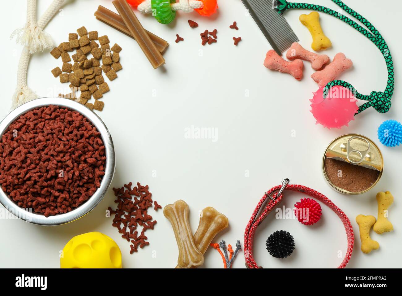 Pet accessories on white background, space for text Stock Photo - Alamy
