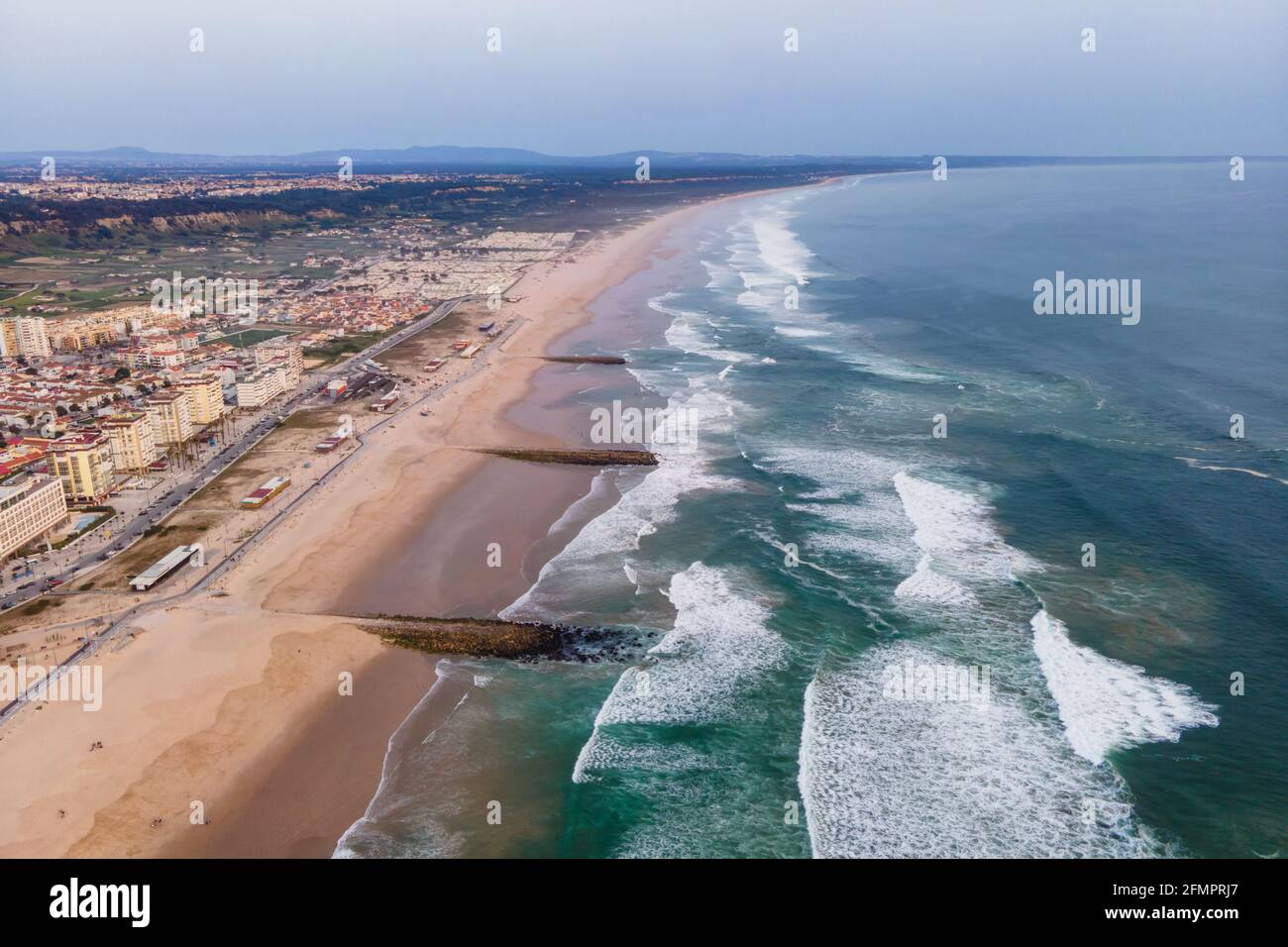 Aerial view of Costa da Caparica landscape at sunset, view of the ...