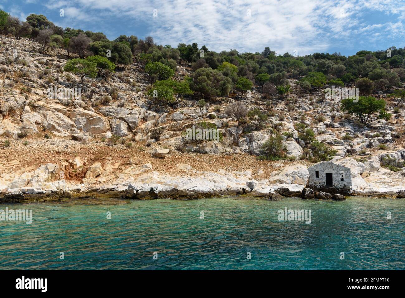 Water front landscape view of Mediterranean island with rocky coast ...