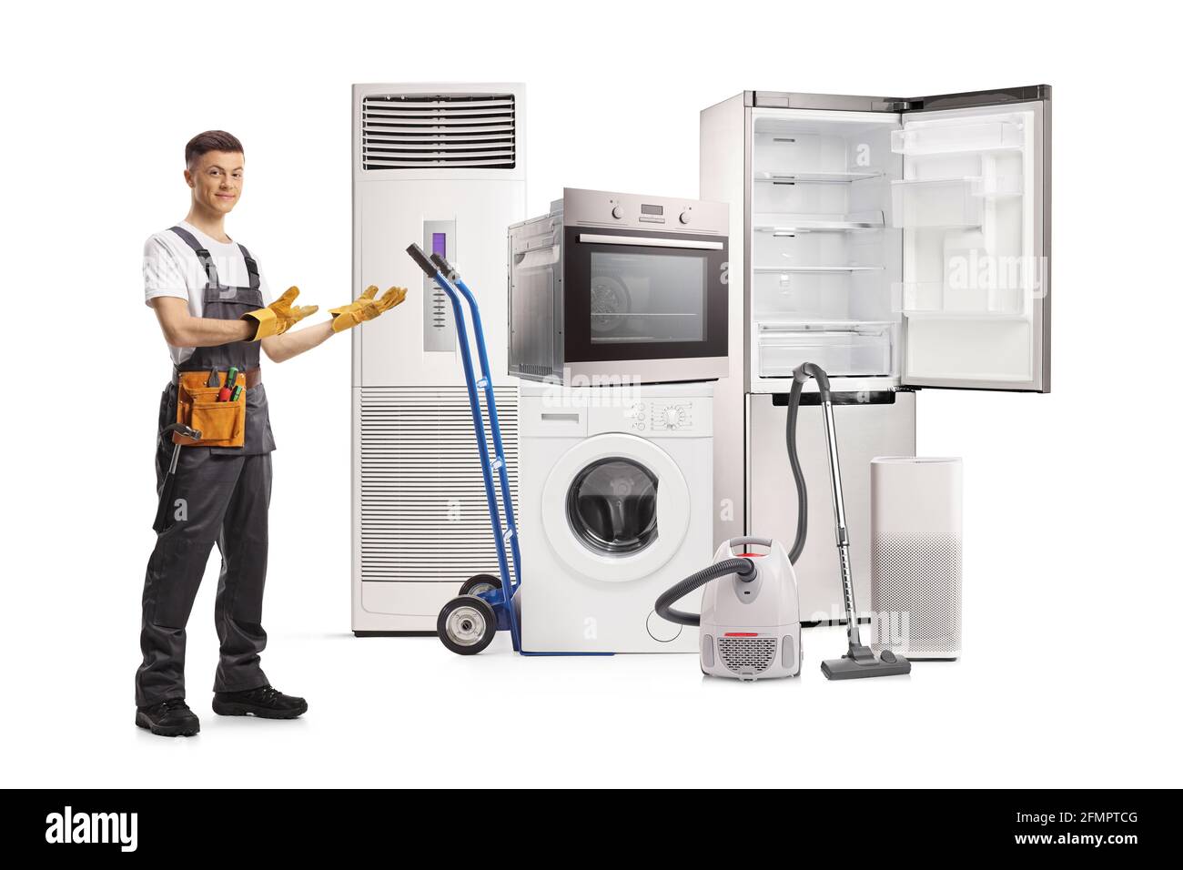 Full length portrait of a young repairman showing home electrical ...