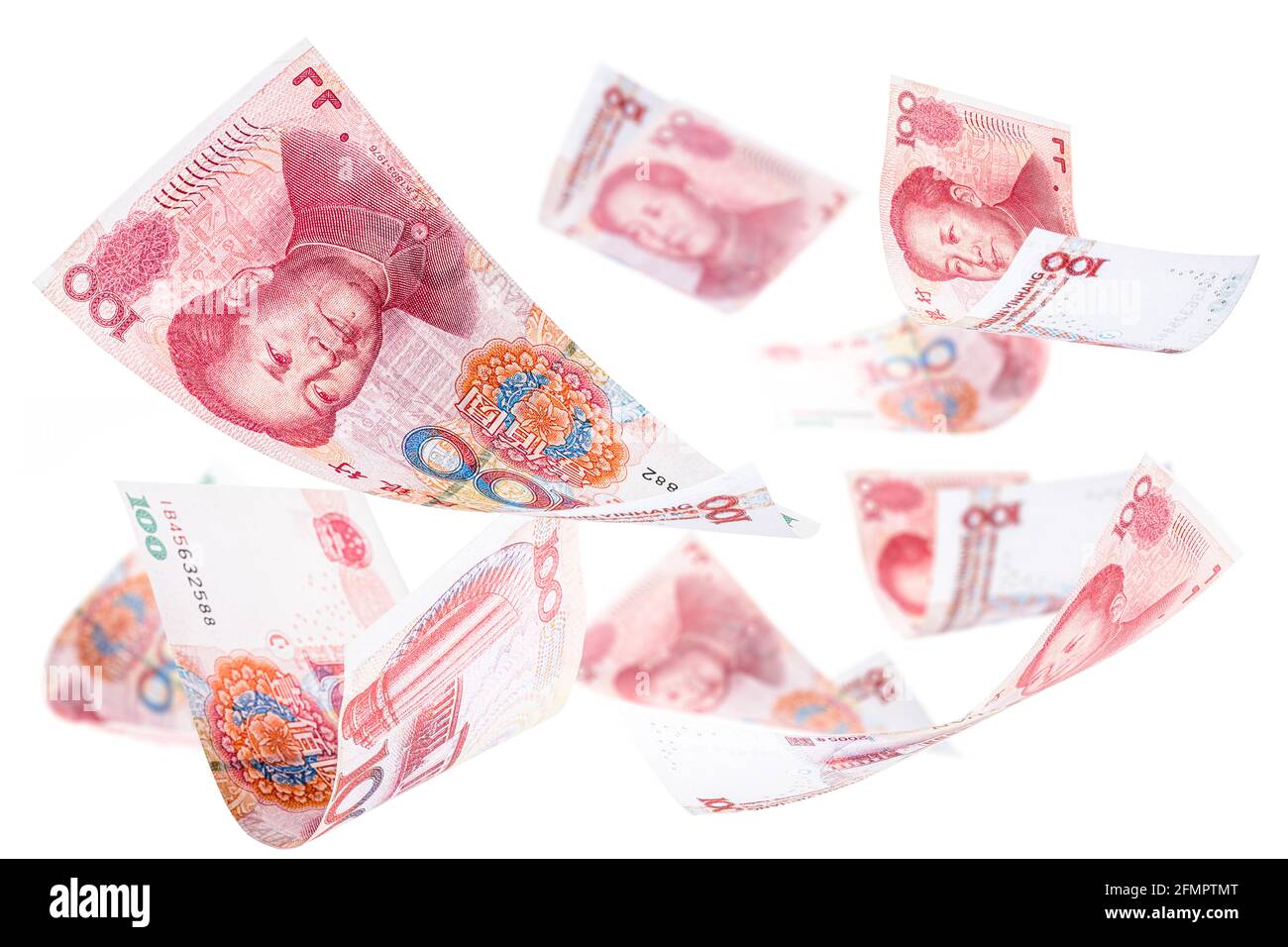 one hundred yuan banknotes falling together, Renminbi or rmb, Chinese ...