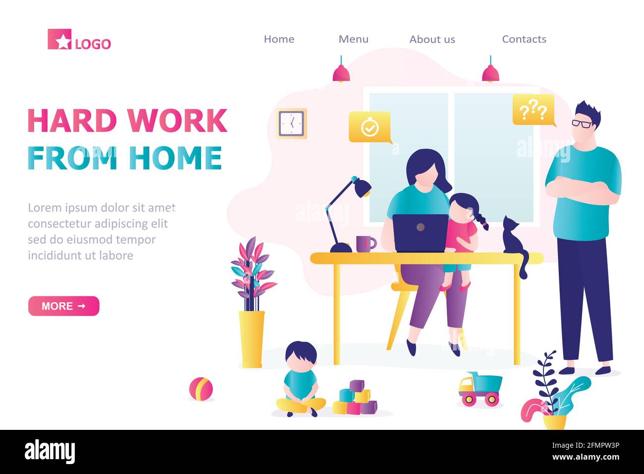 Hard Remote work from home landing page template. Woman at workplace ...