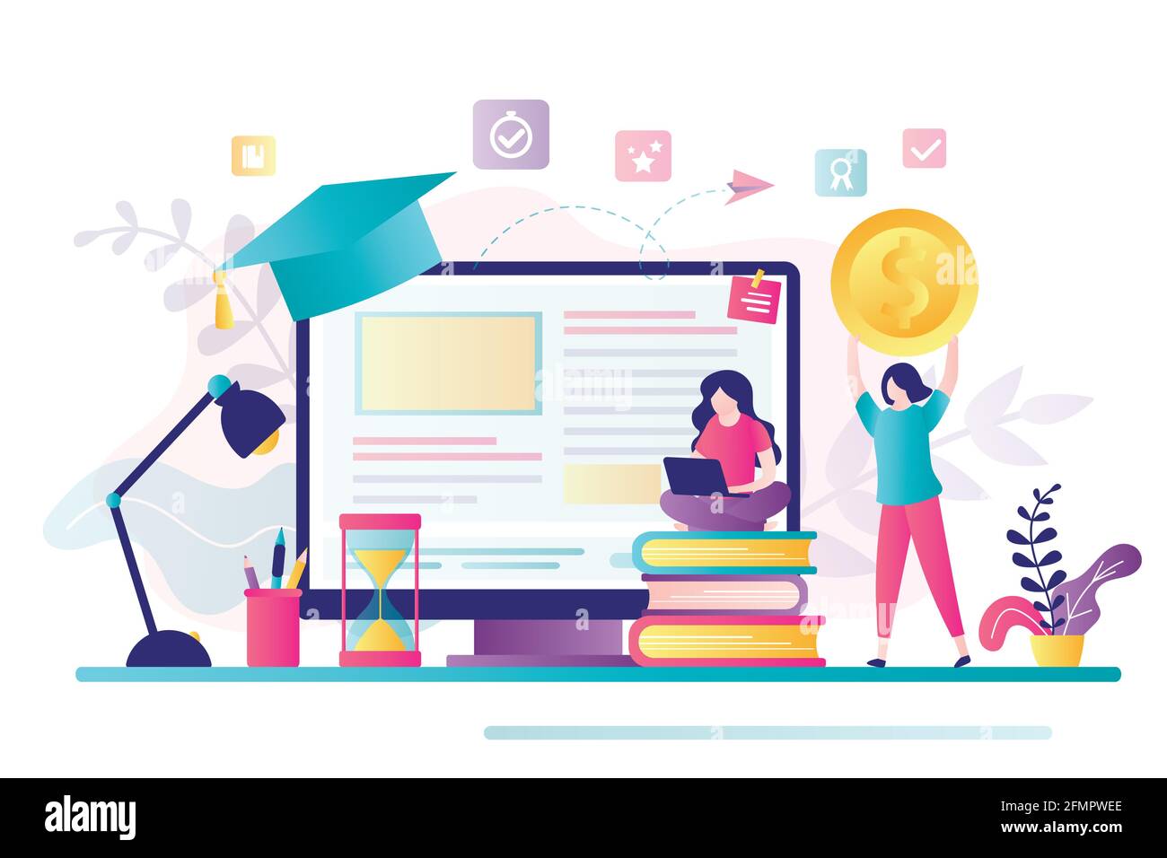 Female character investing money in education. Student sitting with ...