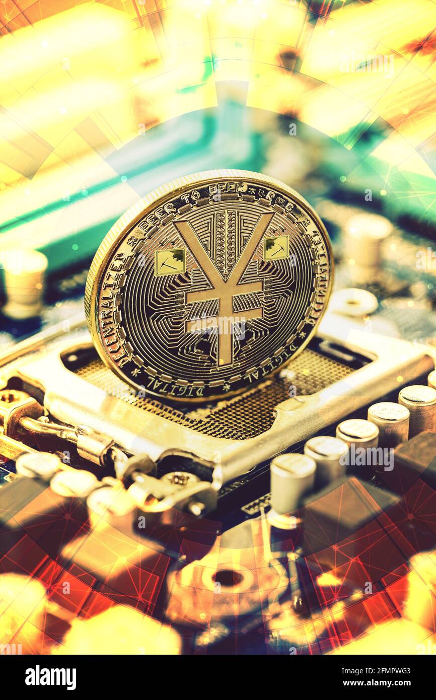 E-RMB gold coin, Chinese digital yuan, conceptual image of the digital ...