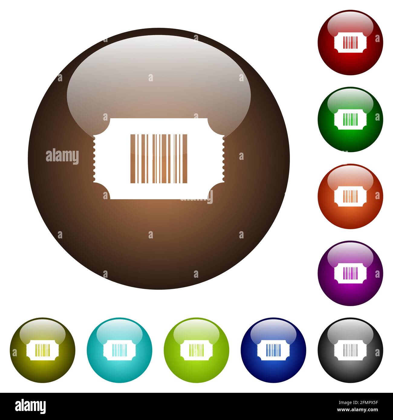 Ticket with barcode white icons on round glass buttons in multiple ...