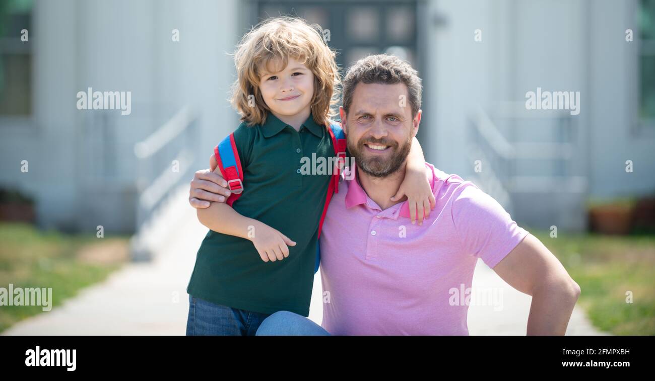 Father and son run with father after come back from school. Family ...