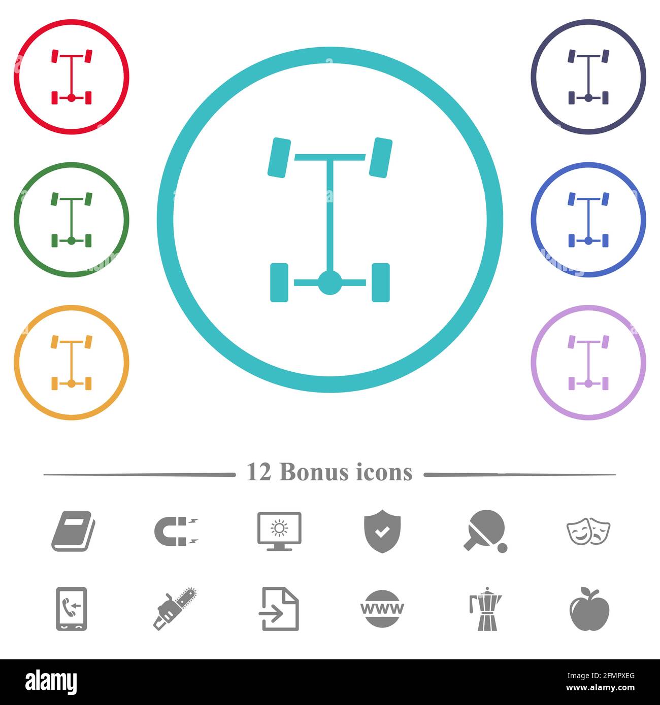 Rear differential flat color icons in circle shape outlines. 12 bonus ...