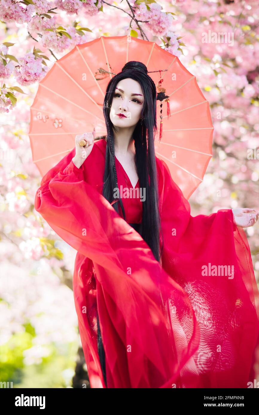 Young woman in image of geisha walks between blooming sakura trees ...