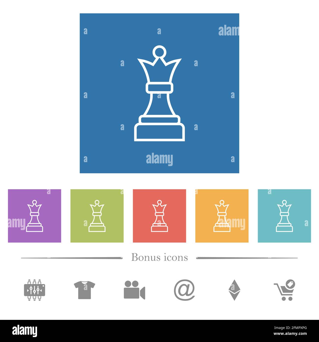 White chess queen flat white icons in square backgrounds. 6 bonus icons ...