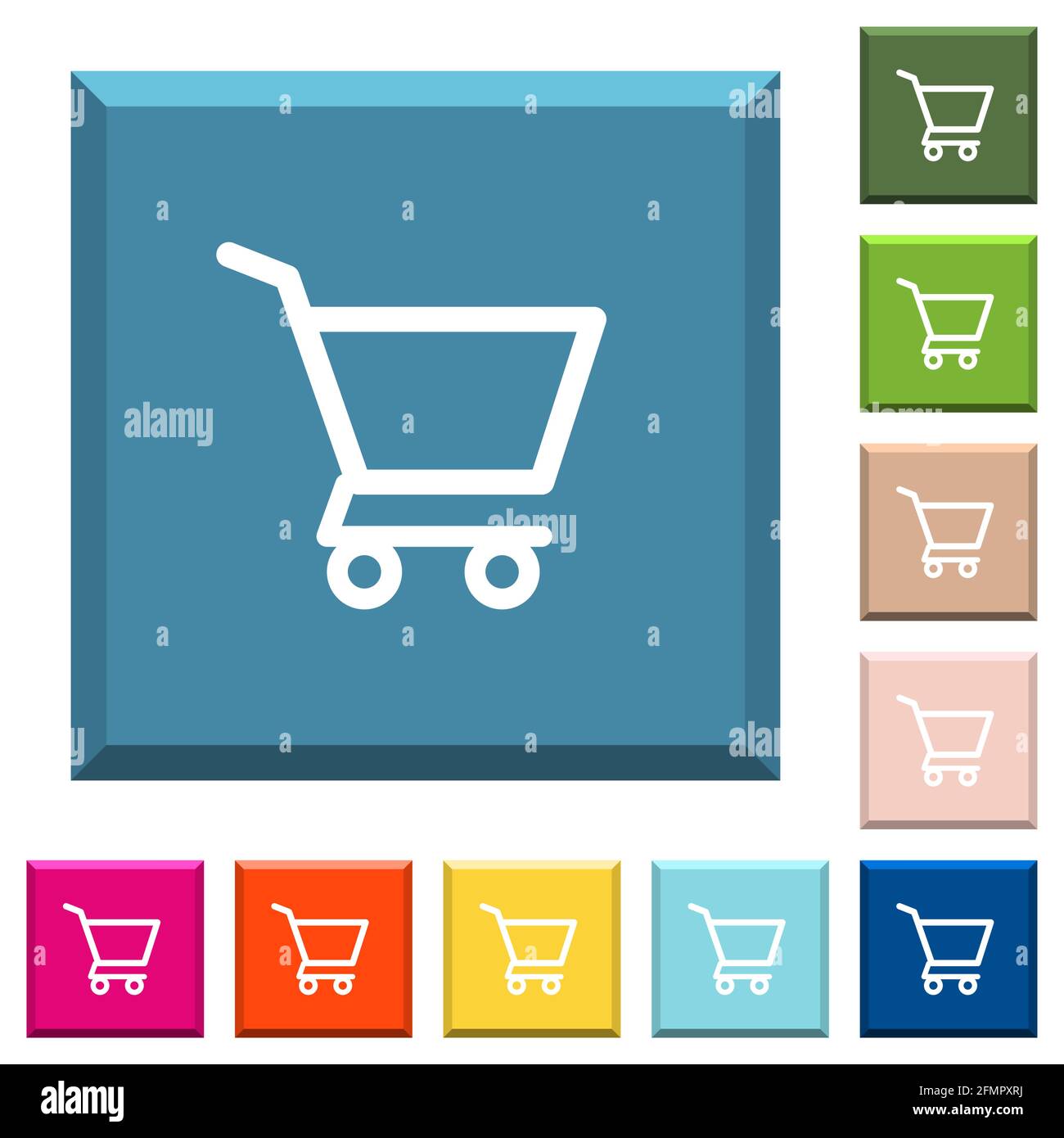 Empty shopping cart white icons on edged square buttons in various ...