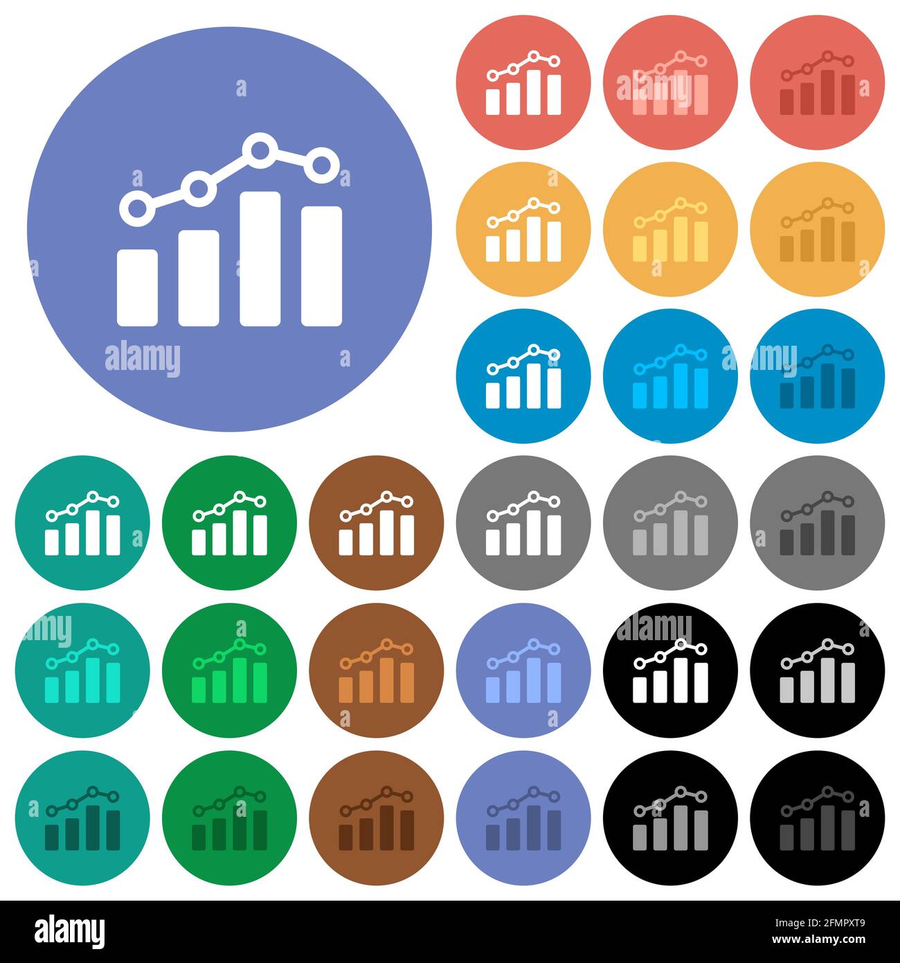 Bar graph with circles and lines multi colored flat icons on round ...