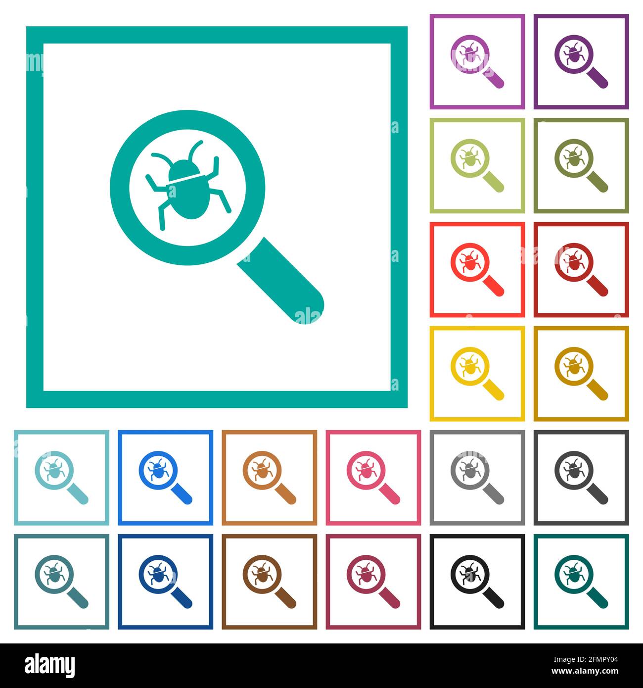 Bug tracking flat color icons with quadrant frames on white background ...