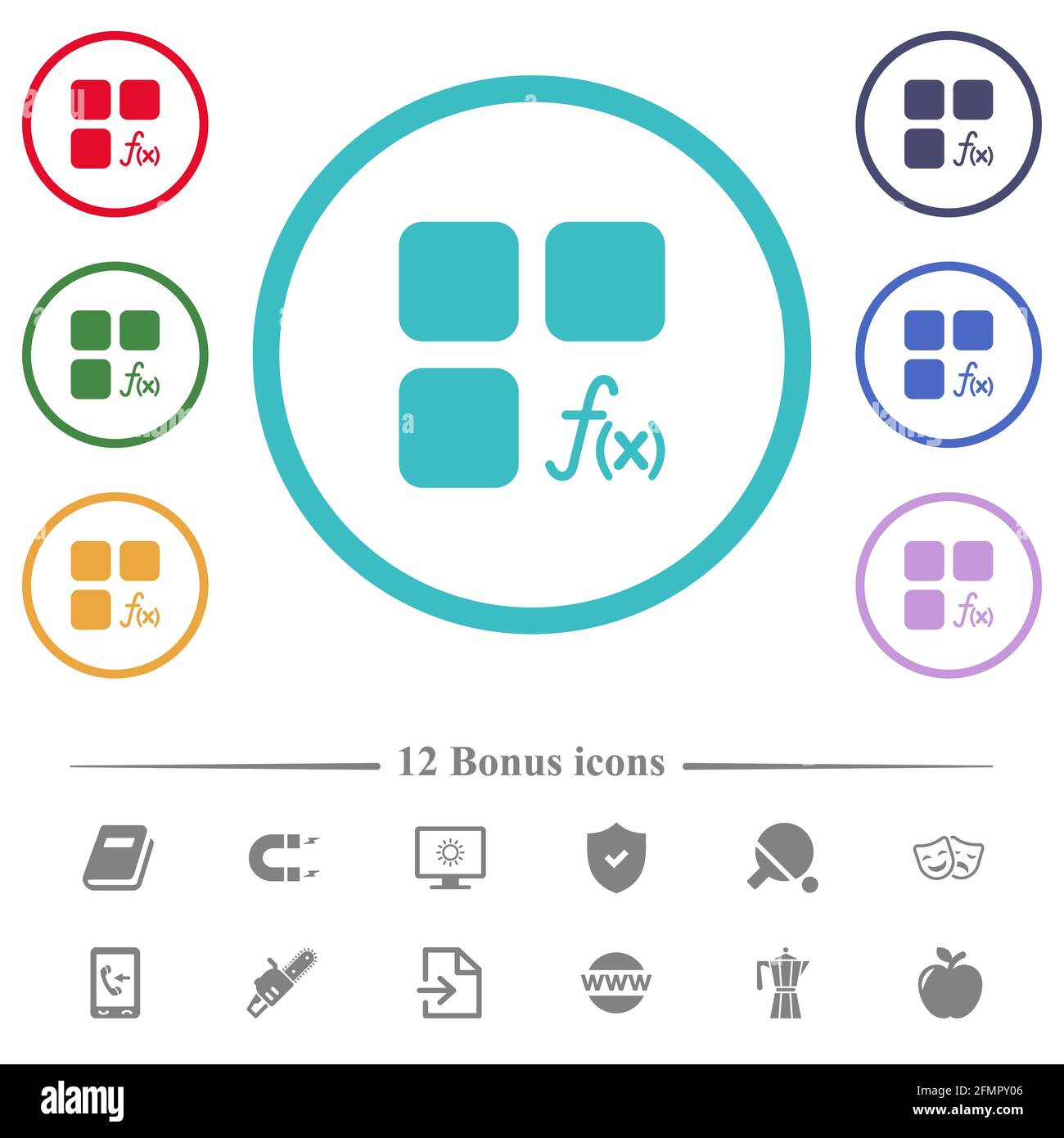 Component functions flat color icons in circle shape outlines. 12 bonus ...