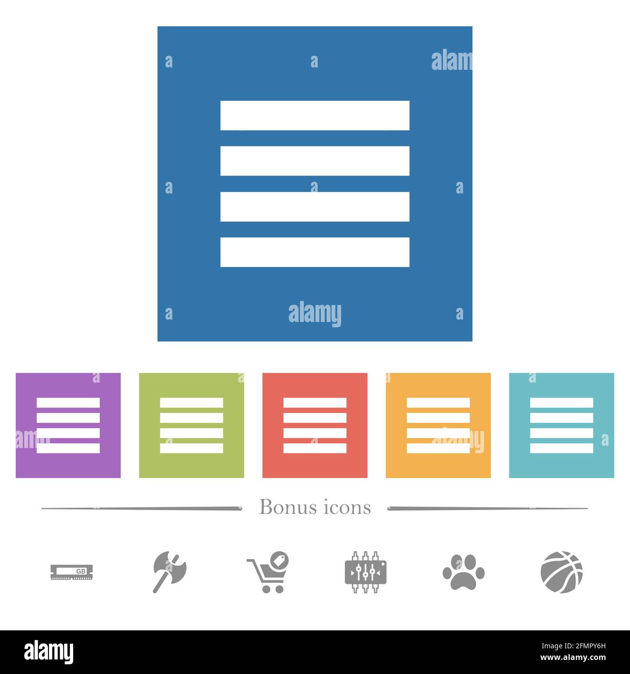 Text align justify flat white icons in square backgrounds. 6 bonus ...