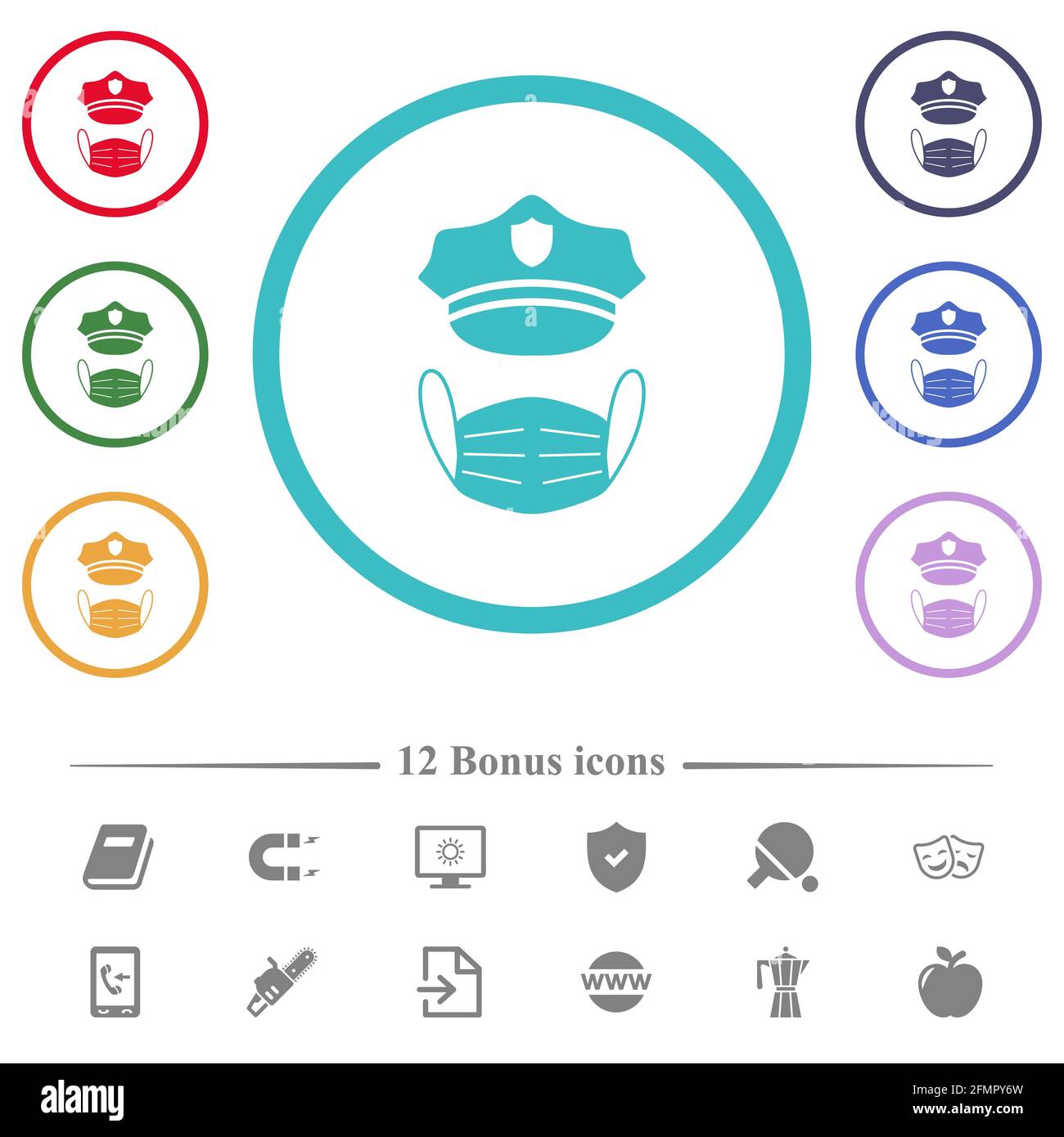 Police hat and medical face mask flat color icons in circle shape ...