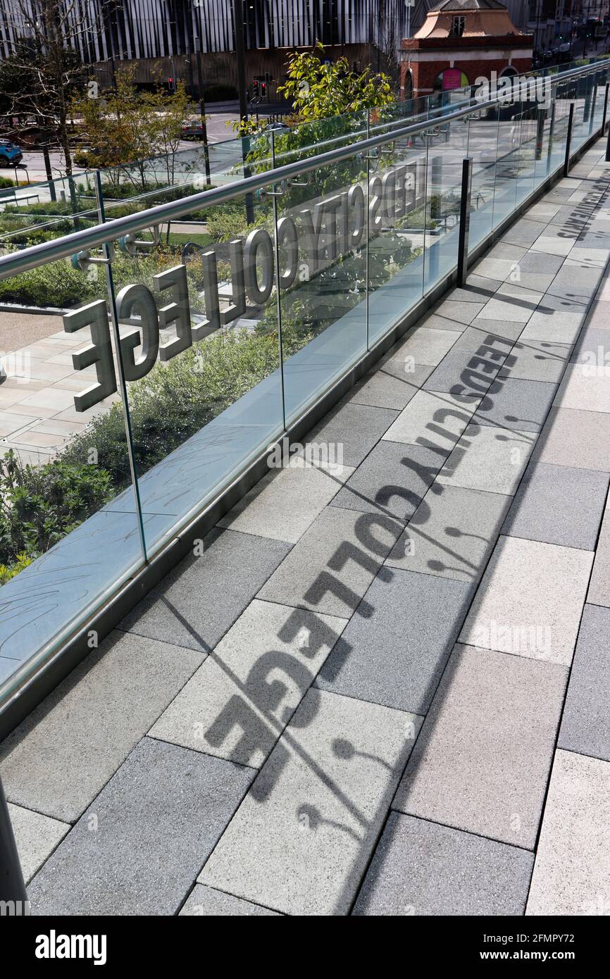 Glass walkway sign for Leeds City Art College building, Leeds Stock ...