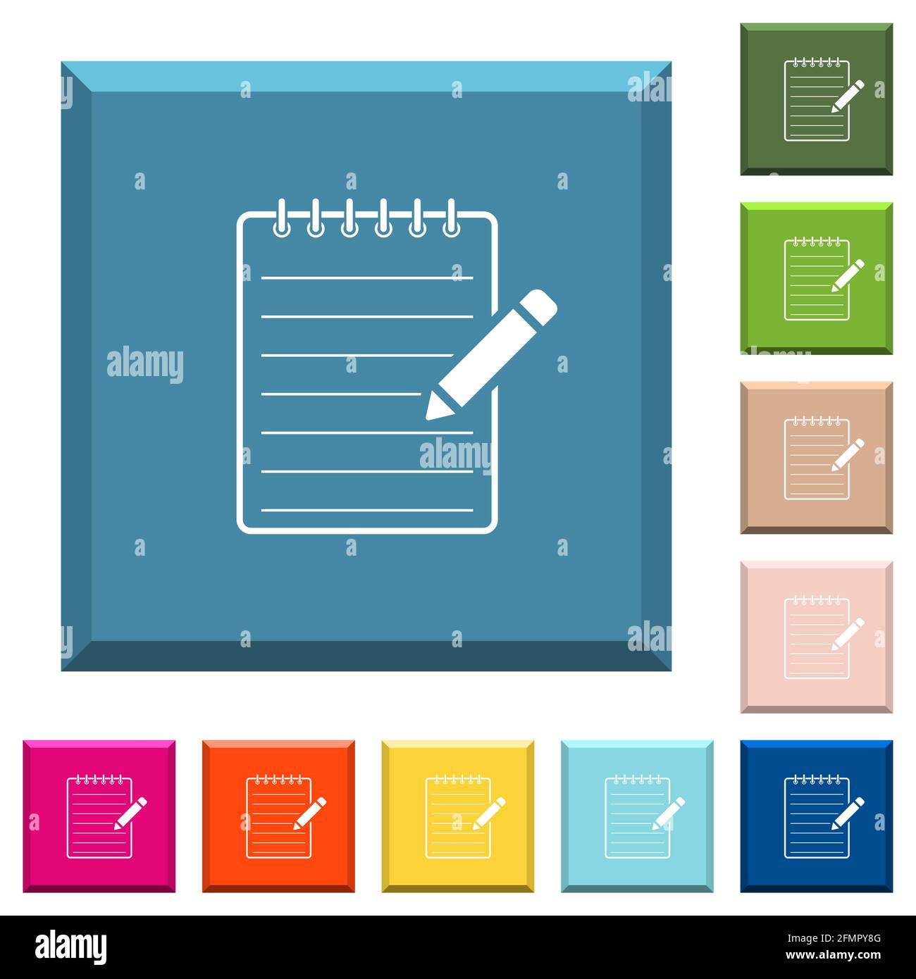 Spiral notepad with pencil white icons on edged square buttons in ...