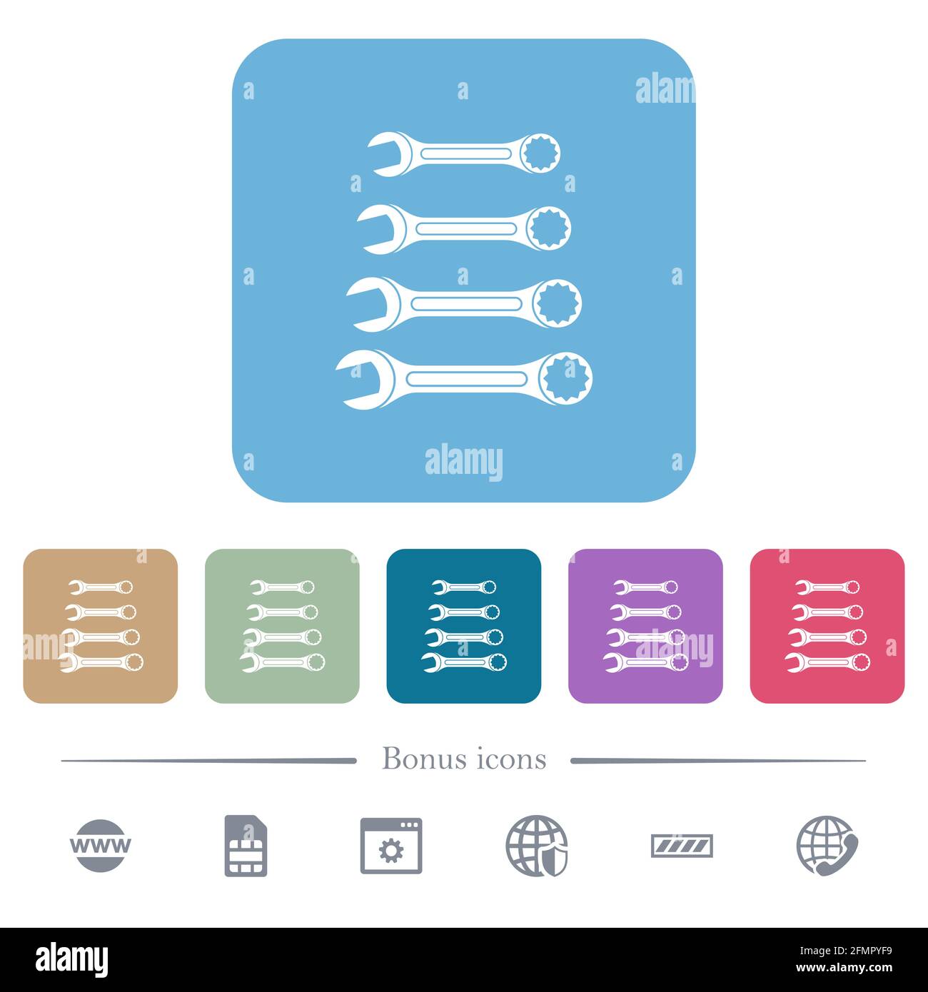 Set of wrenches white flat icons on color rounded square backgrounds. 6 bonus icons included ...