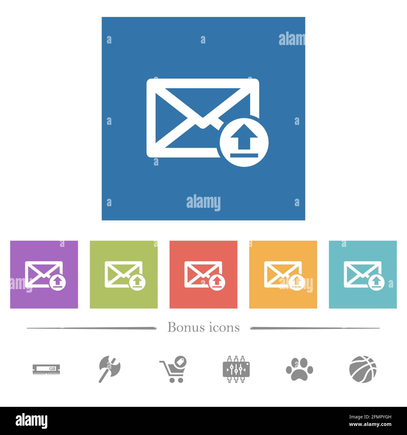 Sending email flat white icons in square backgrounds. 6 bonus icons ...