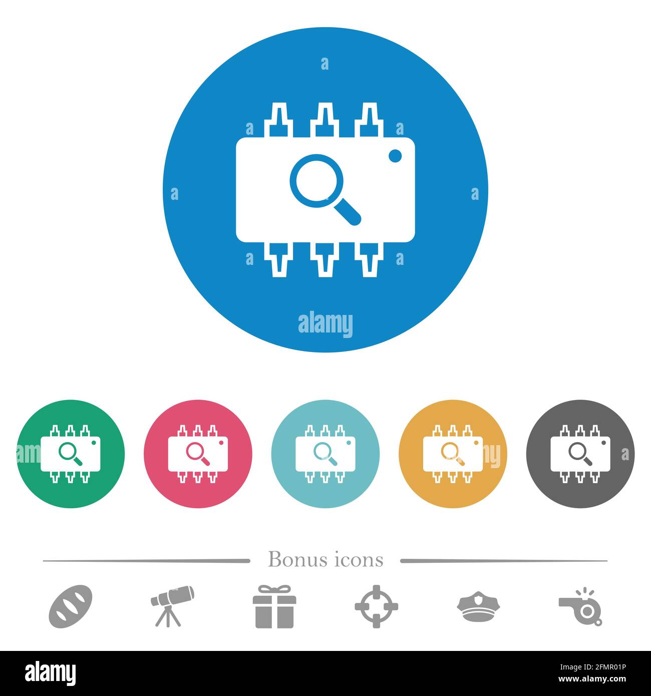 Hardware test flat white icons on round color backgrounds. 6 bonus ...