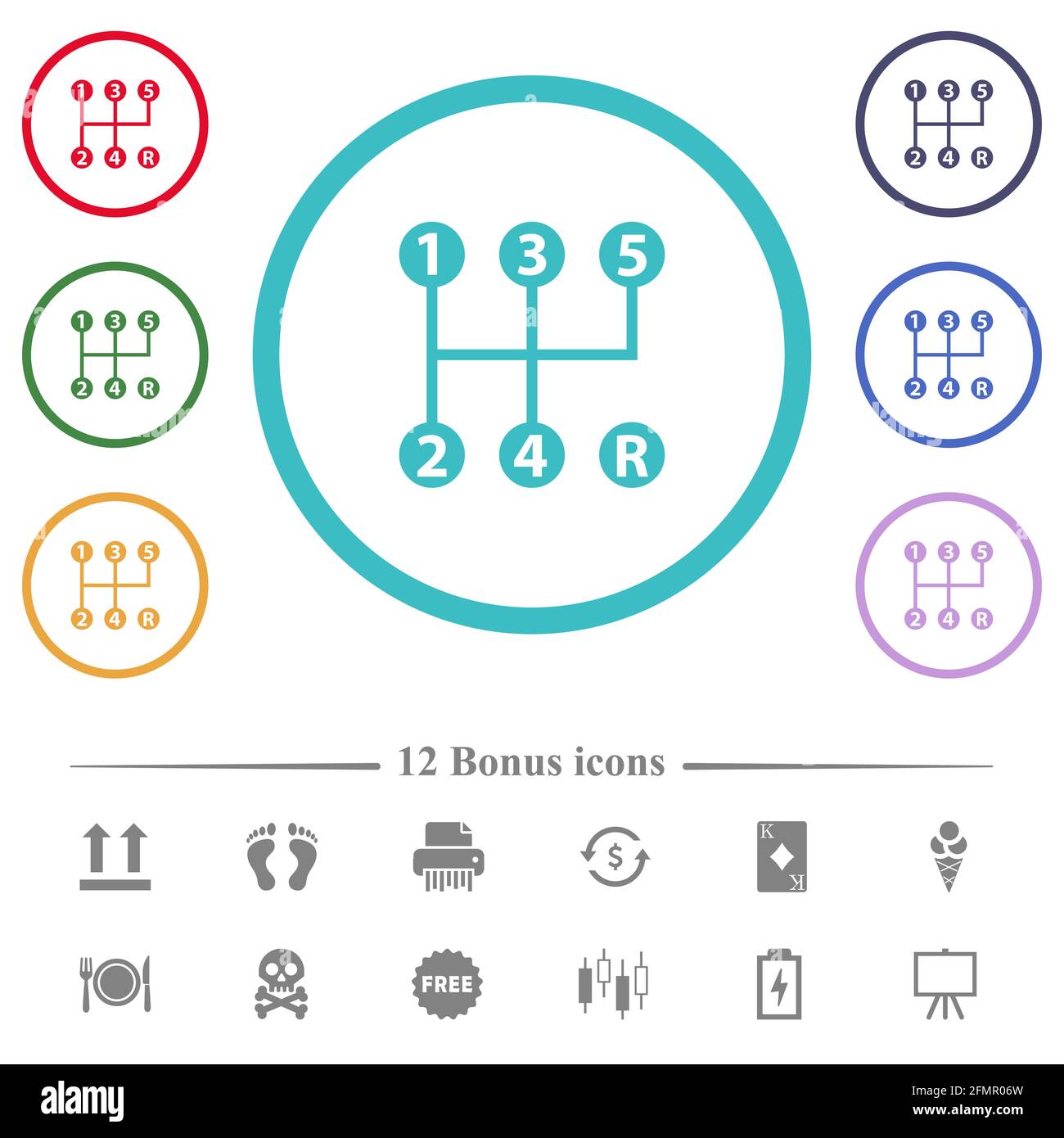 five speed manual gear shift flat color icons in circle shape outlines ...